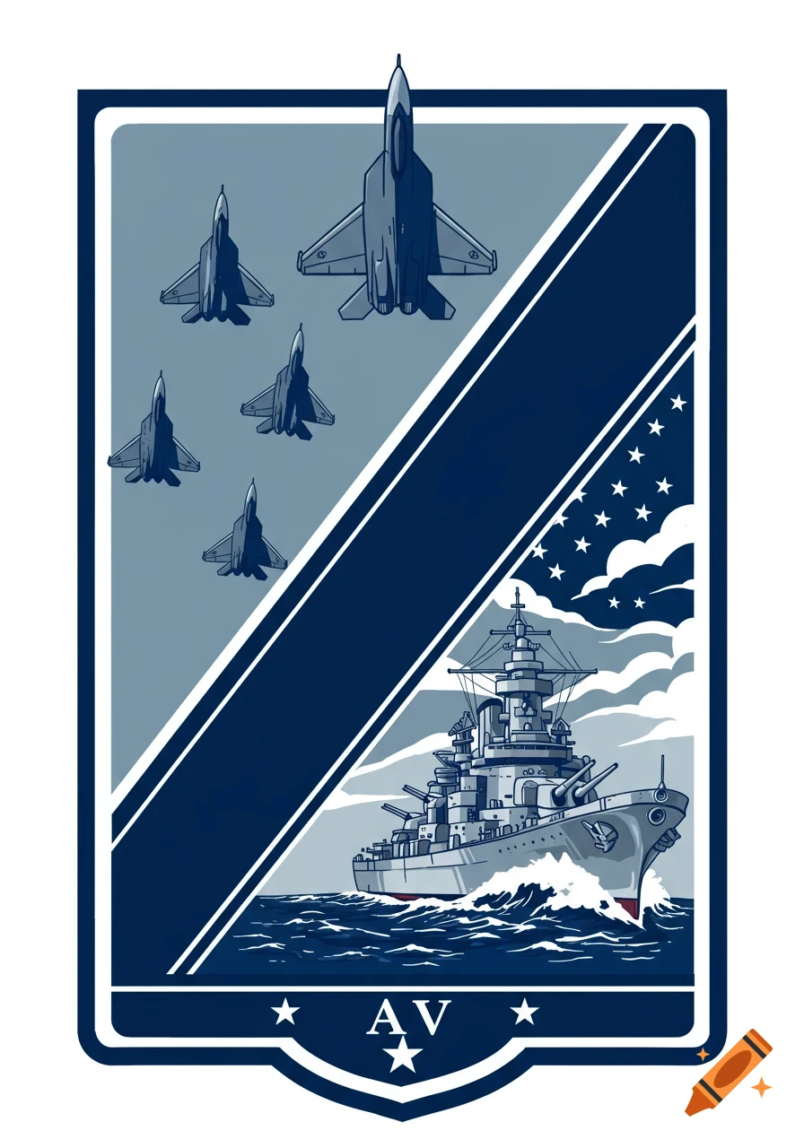 Stylized military emblem with jets and a battleship on Craiyon