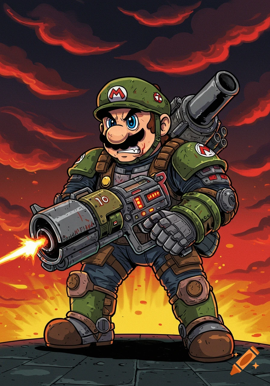 Cartoon illustration of Mario in military armor with weapons against a ...