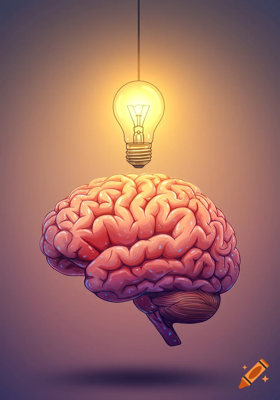 Illustration of a human brain with a lit light bulb above it on Craiyon