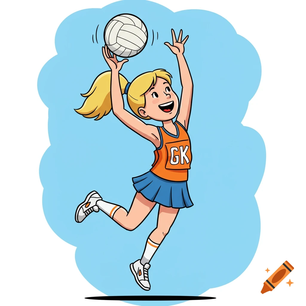 A cartoon illustration of a blonde girl in a netball uniform jumping to ...
