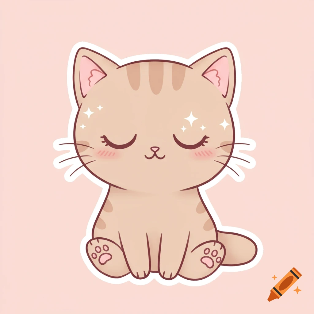 Cute cartoon chibi cat sticker with eyes closed, blush, and sparkle ...