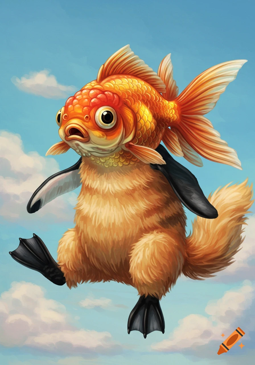 Fantasy creature with a goldfish head and cat body floats in a sky with ...