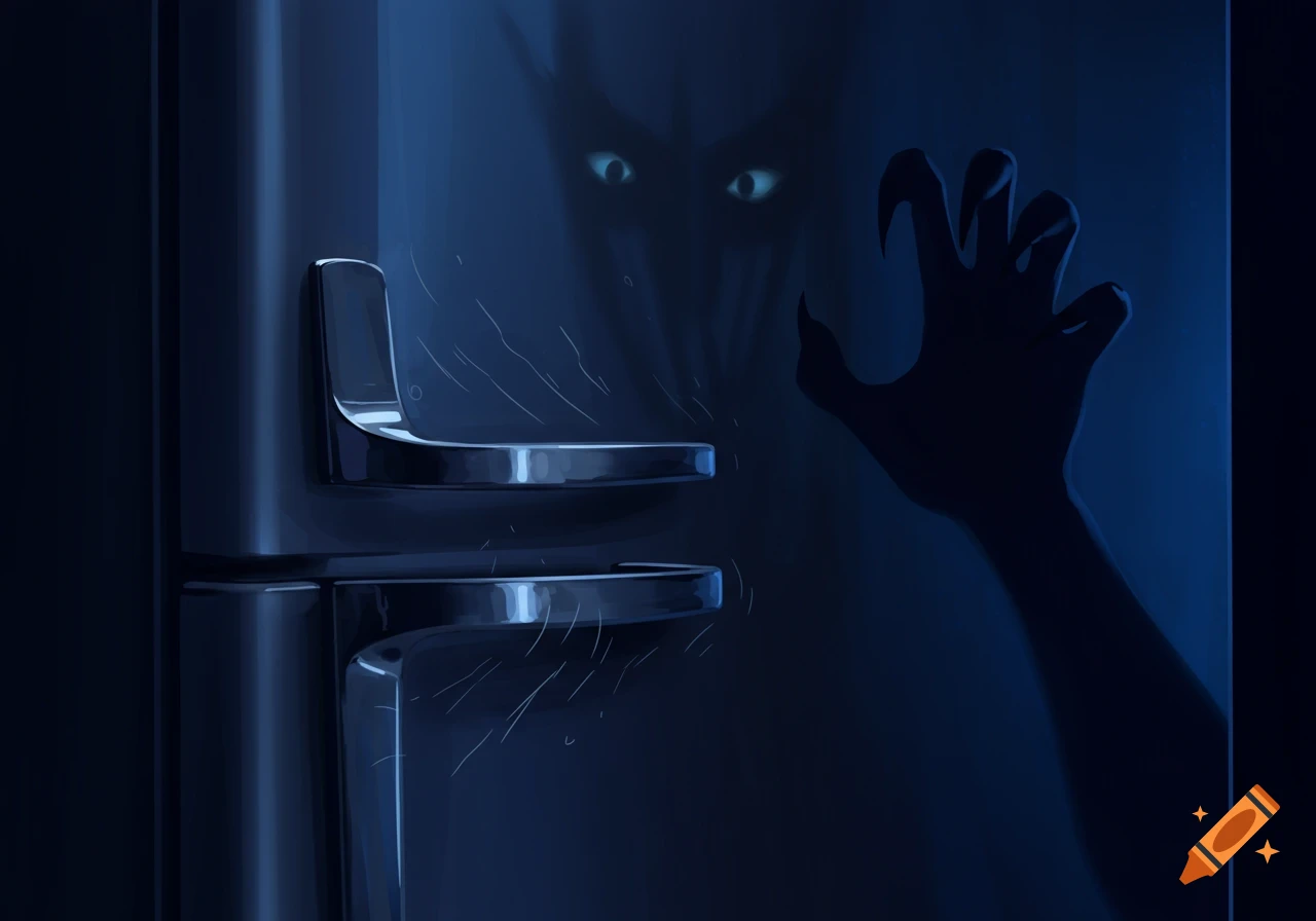 Close-up of a fridge door handle shaking with a monster shadow, clawed ...