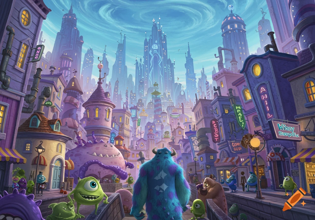 Cartoon monsters walk through a vibrant, colorful city with tall ...
