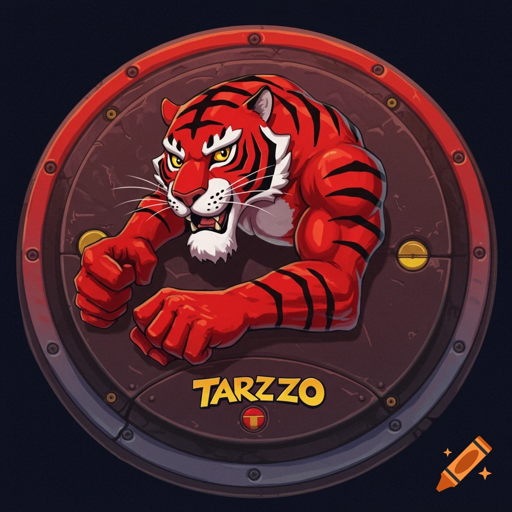 Cartoon red and black striped tiger on a shield with yellow text ...