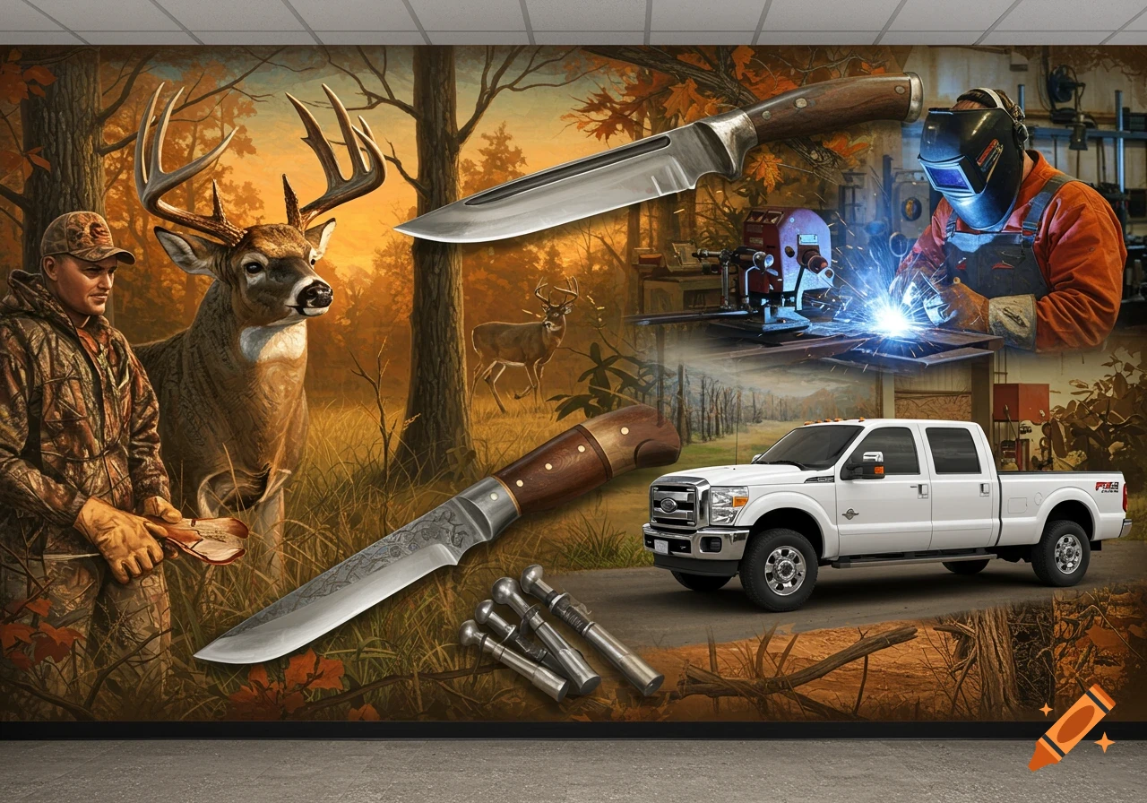 Wall mural collage showing deer hunting, knives, a welder, and a white ...