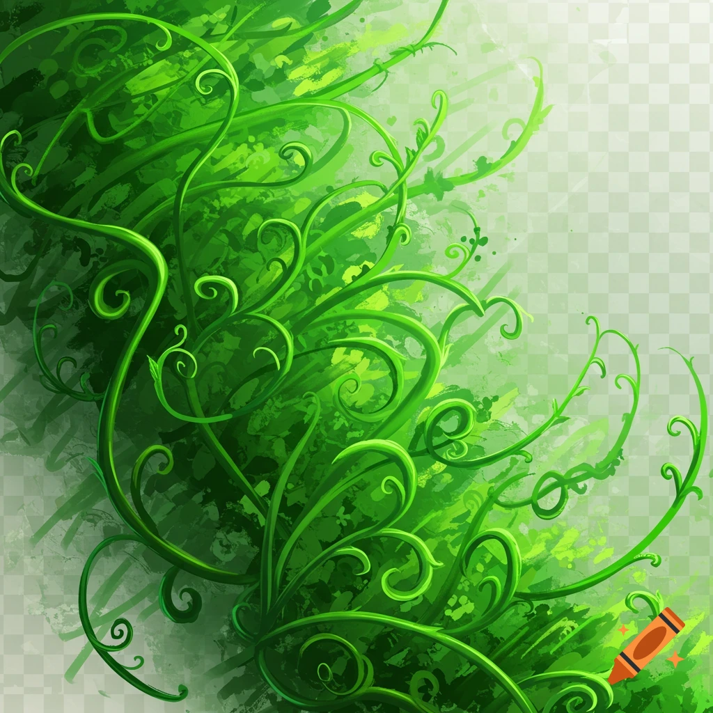 Green vines with swirling tendrils on a painted background with ...