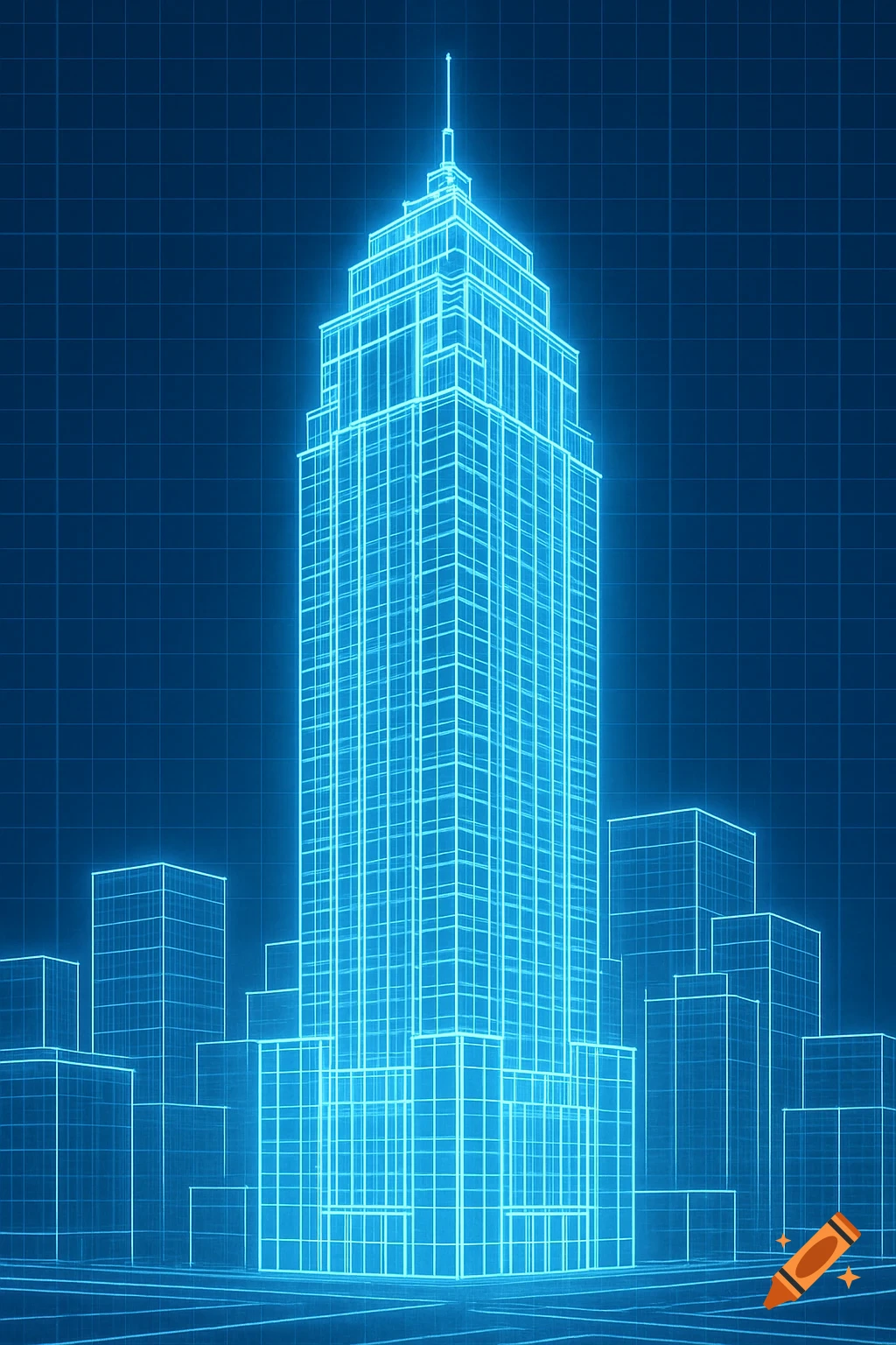 A glowing blue blueprint of a skyscraper in a city. on Craiyon