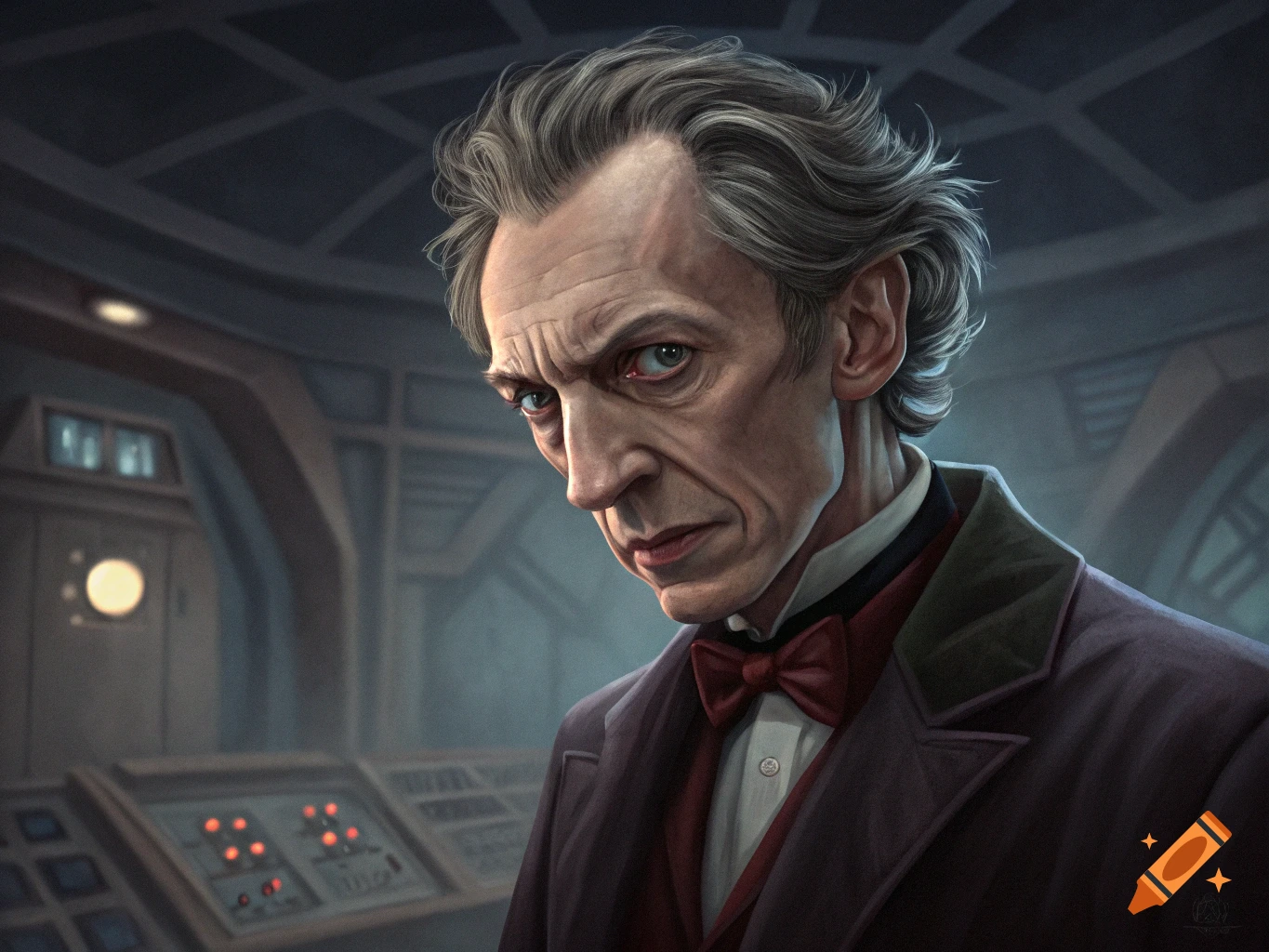 A man with a stern expression in a suit and bow tie stands in a sci-fi ...