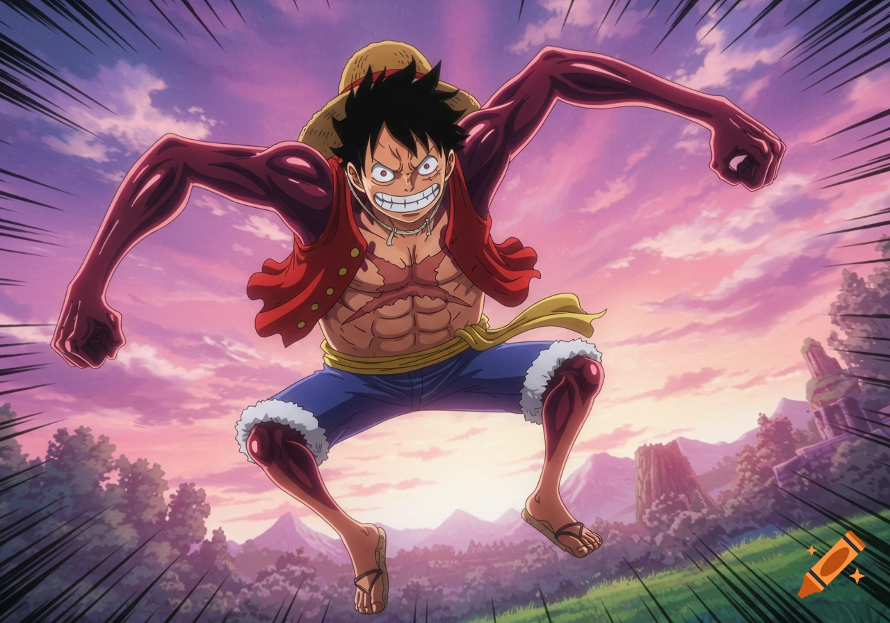Anime style depiction of Monkey D. Luffy in Gear 5 form jumping against ...