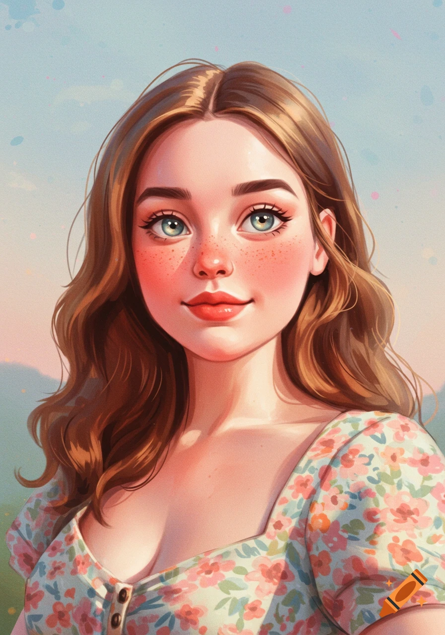 Illustration of a young woman with brown hair and freckles wearing a floral dress, looking ...