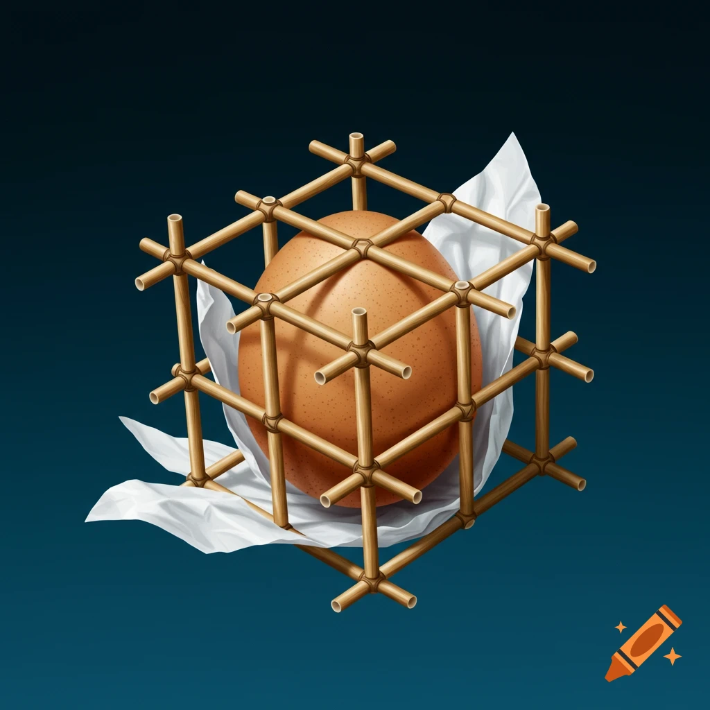 Egg inside a bamboo cube structure wrapped in paper on a dark ...