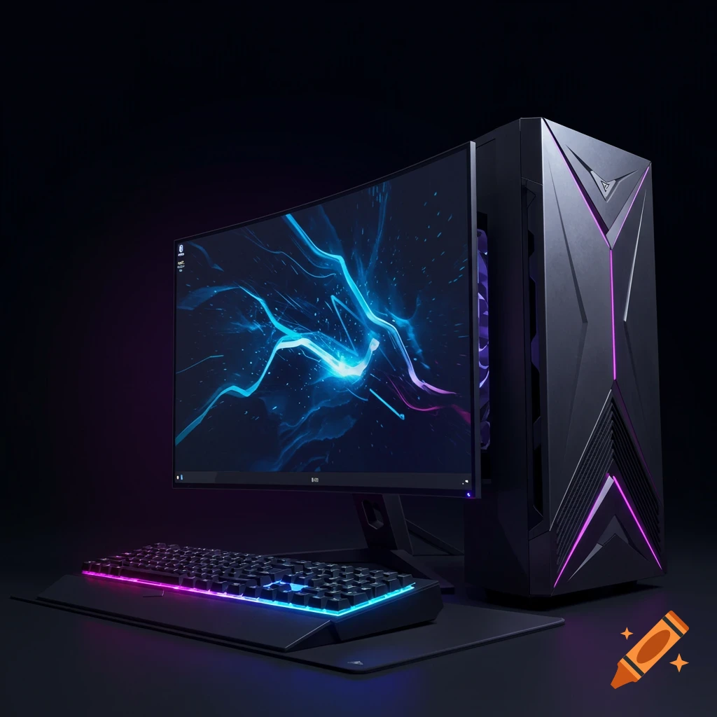 A modern gaming PC setup with a black desktop tower featuring purple ...