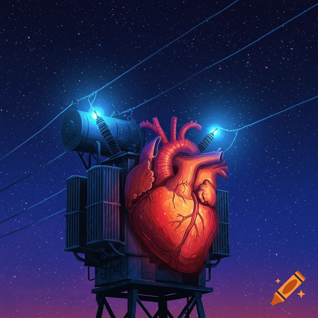 A large human heart sits on a power transformer under a starry night ...