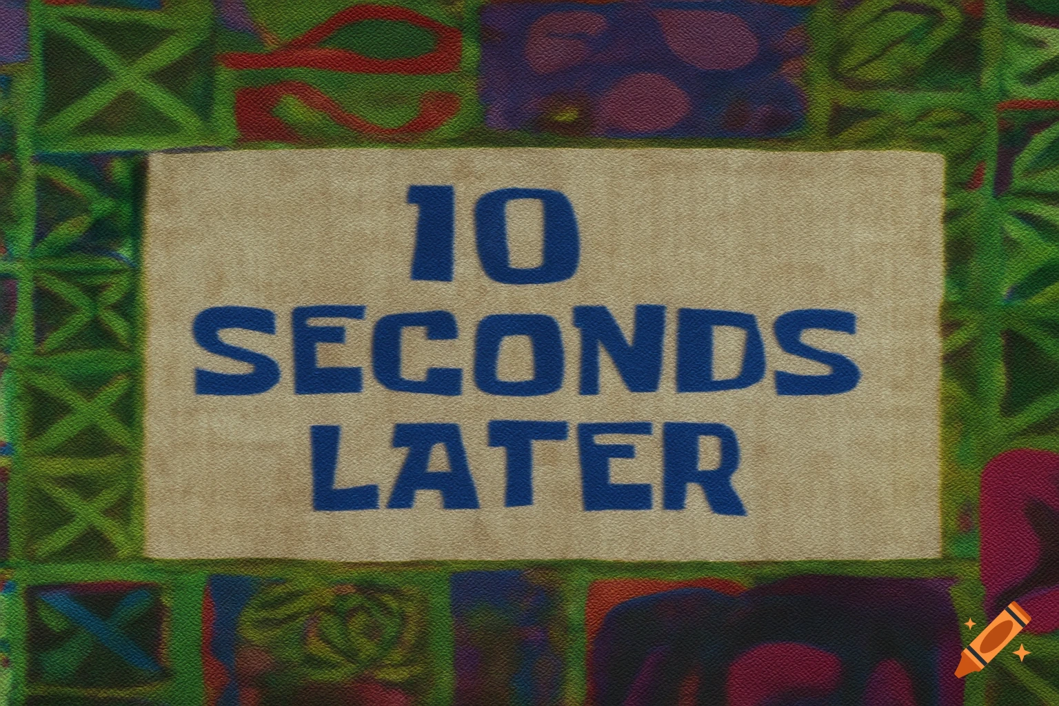 A SpongeBob time card reads '10 SECONDS LATER' on a textured tan ...