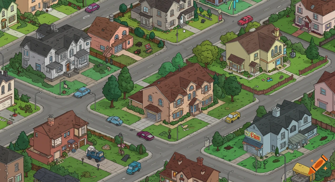 Isometric cartoon view of a suburban neighborhood with various houses ...