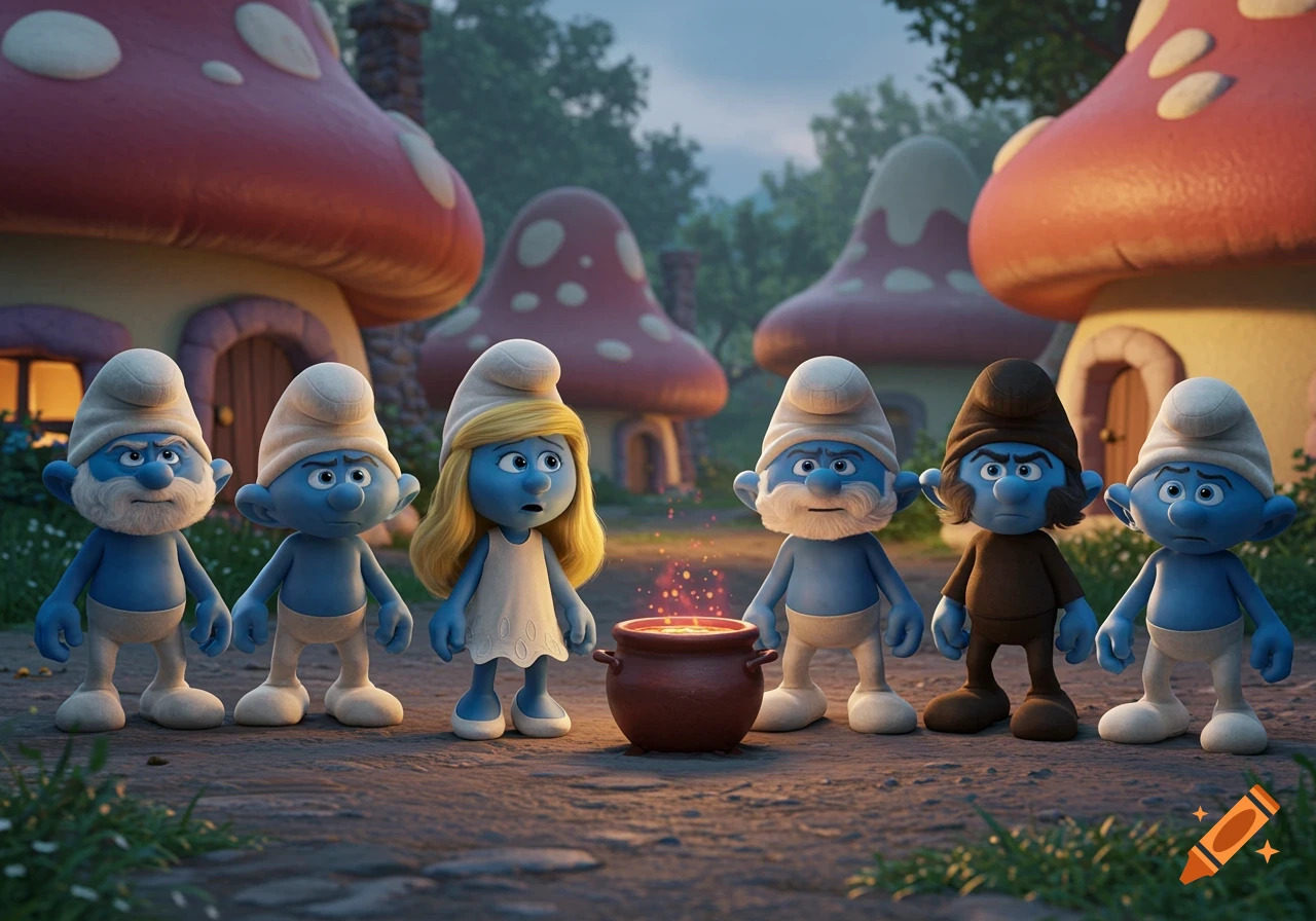Smurfs including Papa Smurf, Smurfette, Grumpy Smurf, and others gather ...