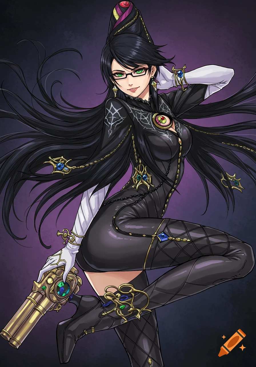 Anime illustration of Bayonetta posing with a large gun. on Craiyon