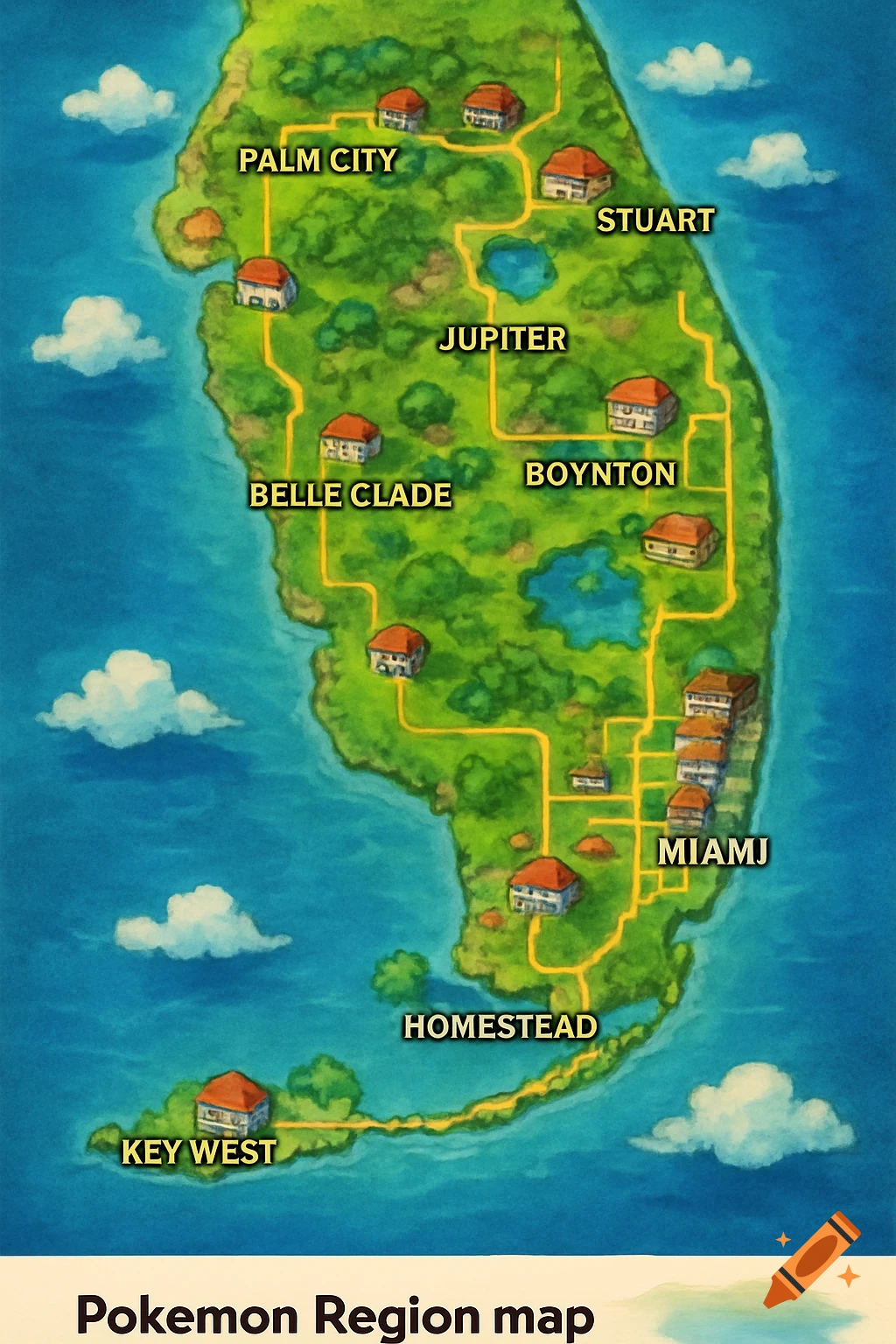 Cartoon map of South Florida styled as a Pokemon region map, showing ...