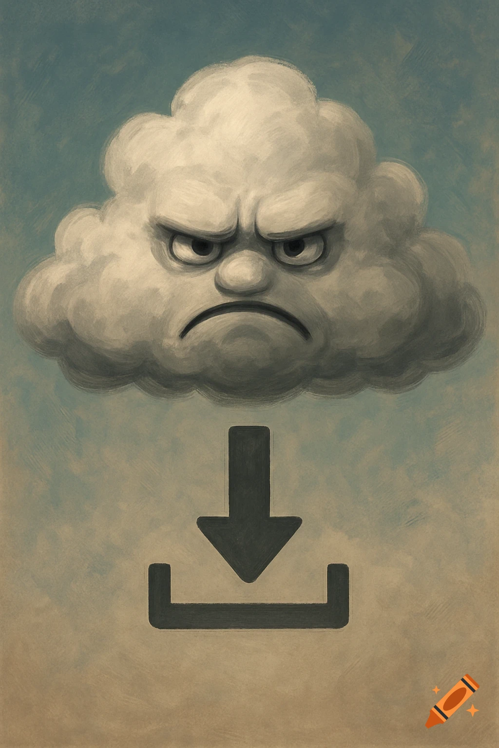An illustration of a grumpy cloud above a download icon. on Craiyon