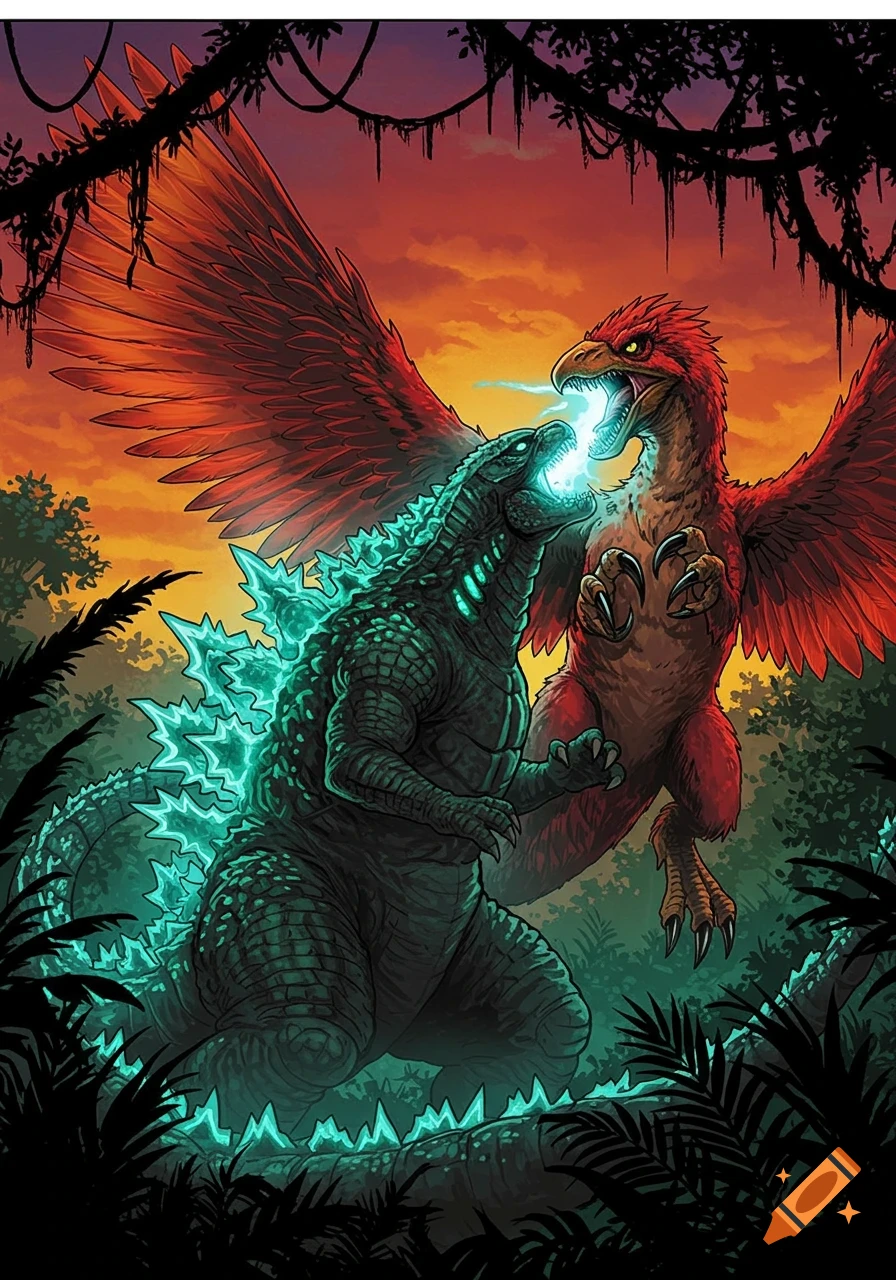Illustration of Godzilla fighting a red flying monster in a jungle at ...