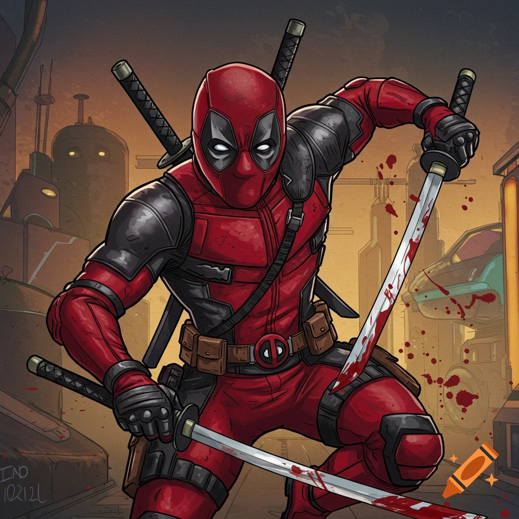 Comic book illustration of Deadpool in action pose with blood-splattered katanas in a futuristic ...