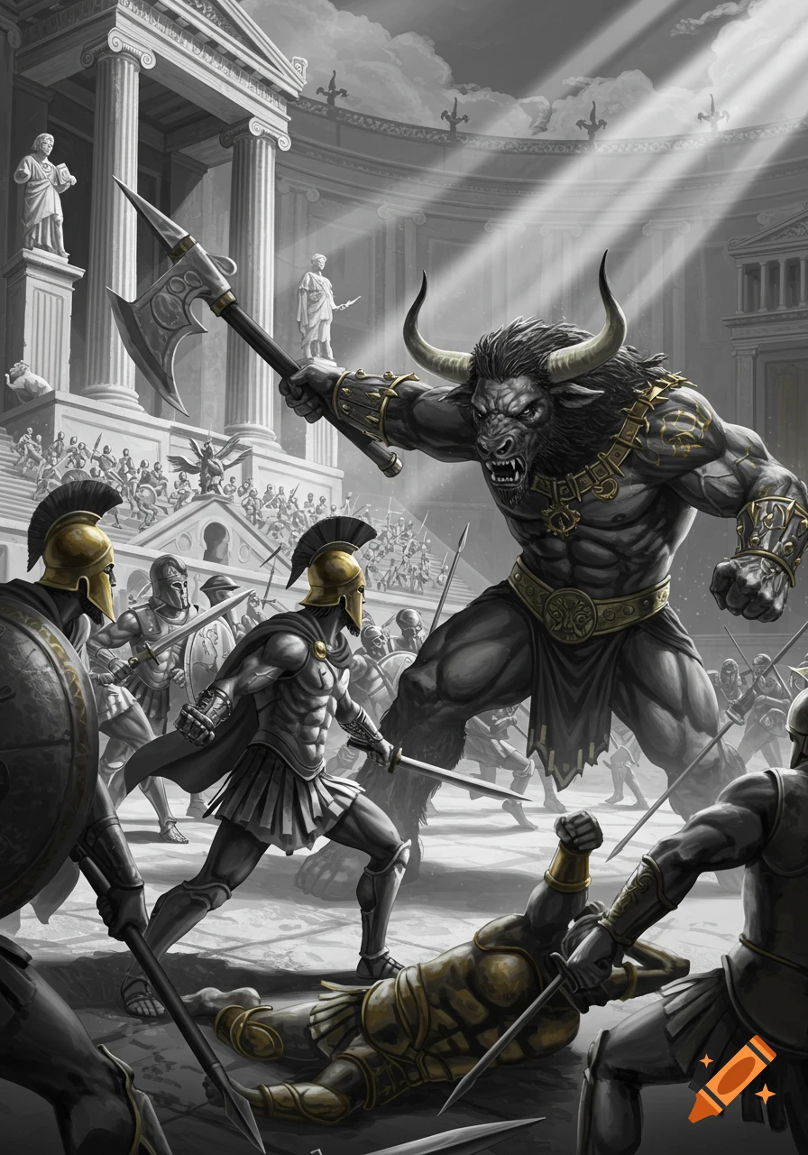 Dark fantasy art of a minotaur battling Greek soldiers in a Roman-style ...