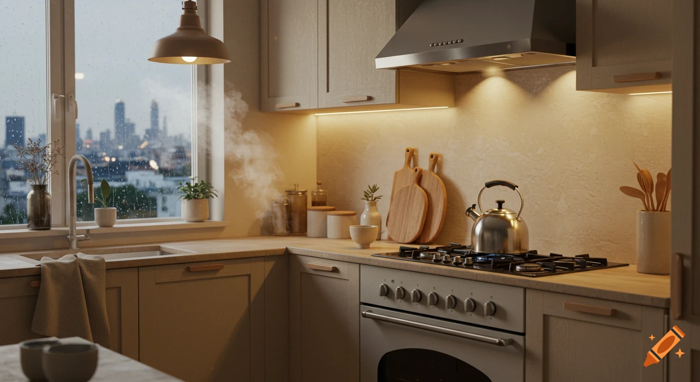 Photorealistic image of a modern kitchen interior during a rainy dusk ...