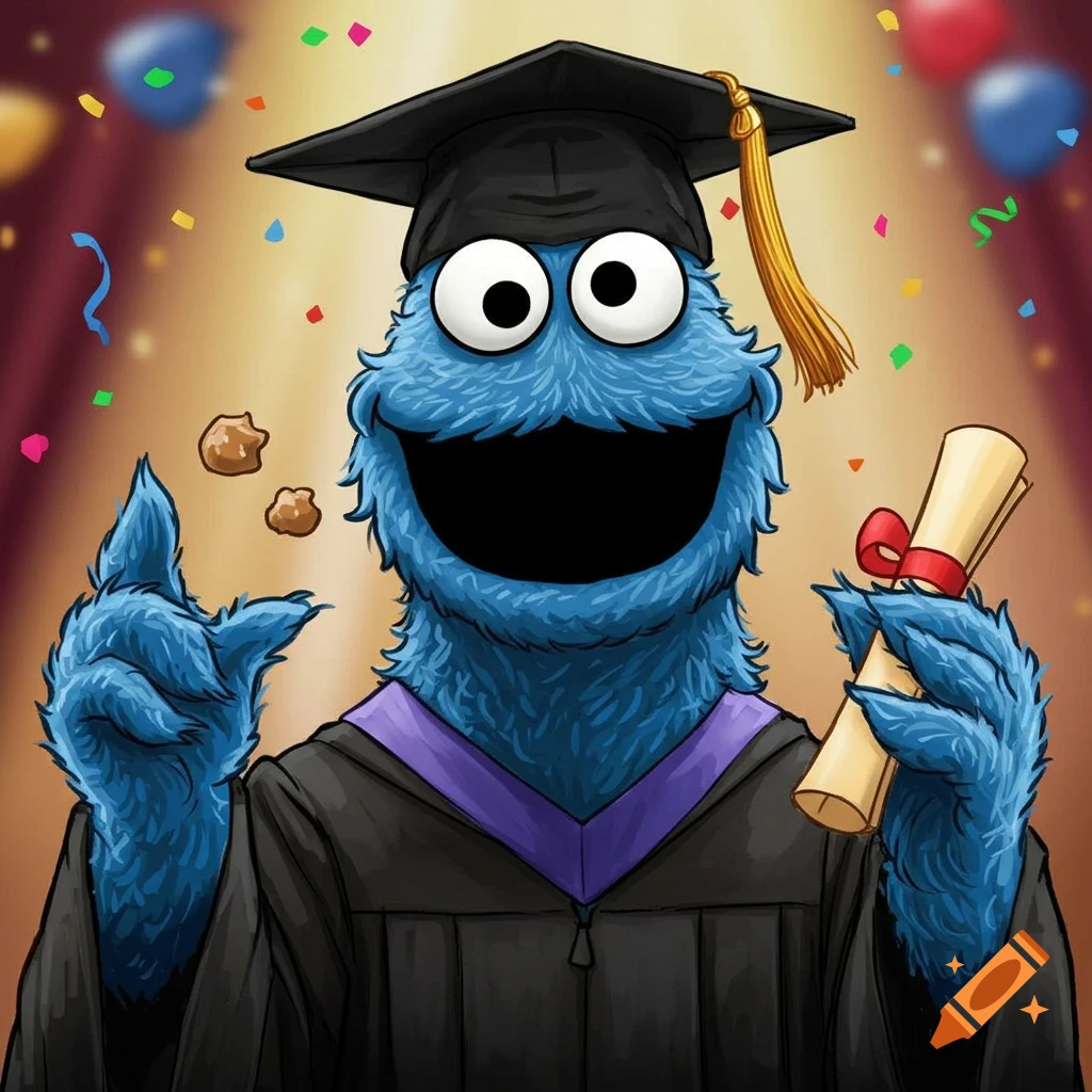 Cartoon Cookie Monster in a graduation robe and cap holds a diploma and ...