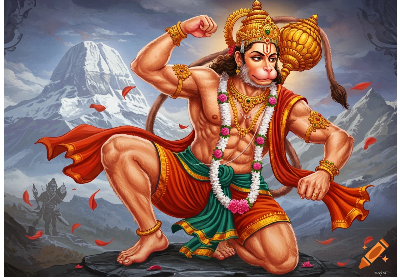 Painting of Hanuman flexing his bicep, kneeling on a rock before snowy ...