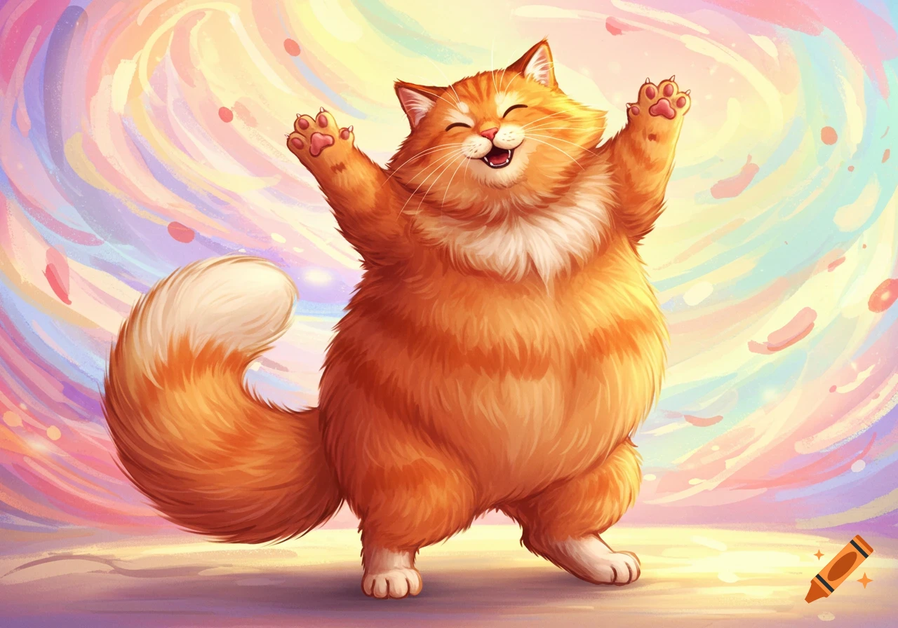 A fluffy orange cartoon cat stands with arms raised, smiling, against a ...