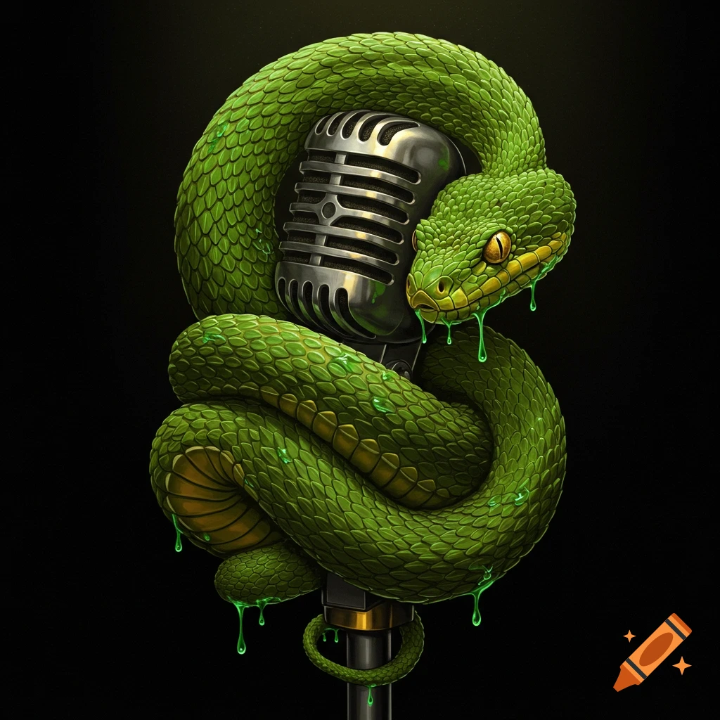 Green snake wrapped around a vintage microphone, dripping liquid on Craiyon