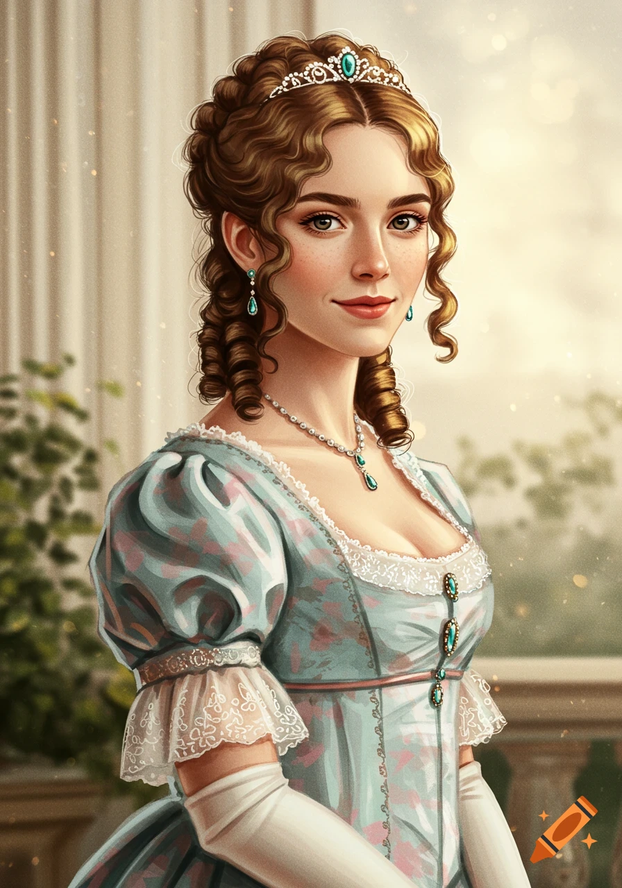 Portrait of a woman in a blue Regency dress with tiara and jewelry on ...