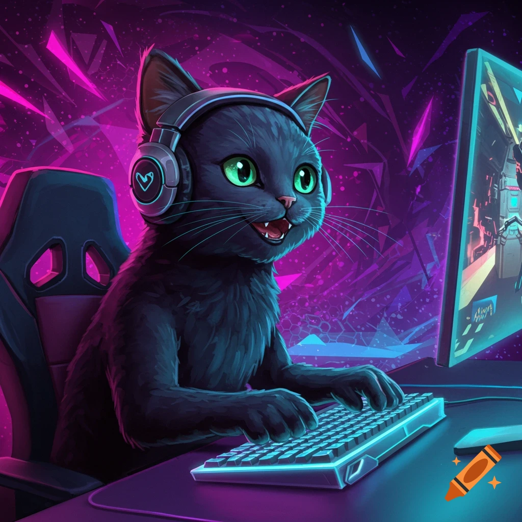 A cartoon black cat wearing headphones plays video games on a computer ...