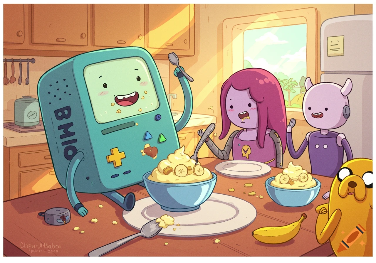 Adventure Time characters BMO, Marceline, Finn, and Jake eating dessert ...