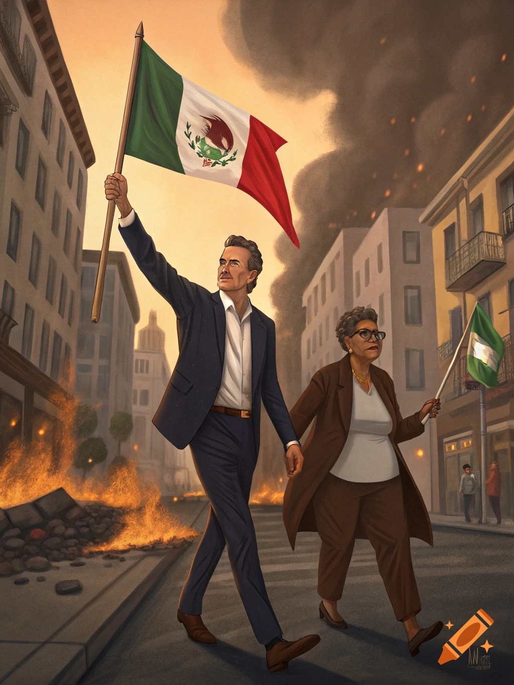 Man and woman walk through burning street waving Mexican flag and green ...