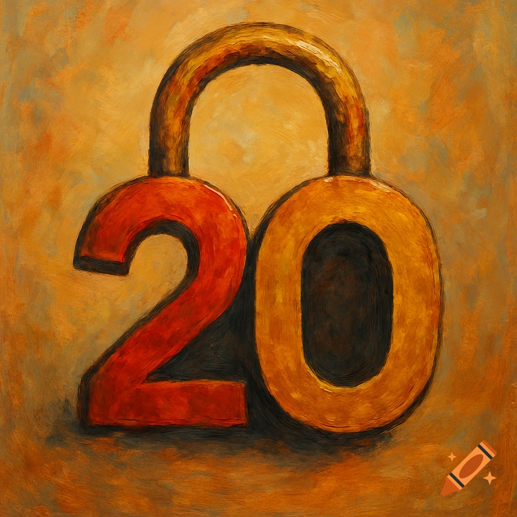 The number 20 stylized as a padlock, rendered in a thick oil painting ...