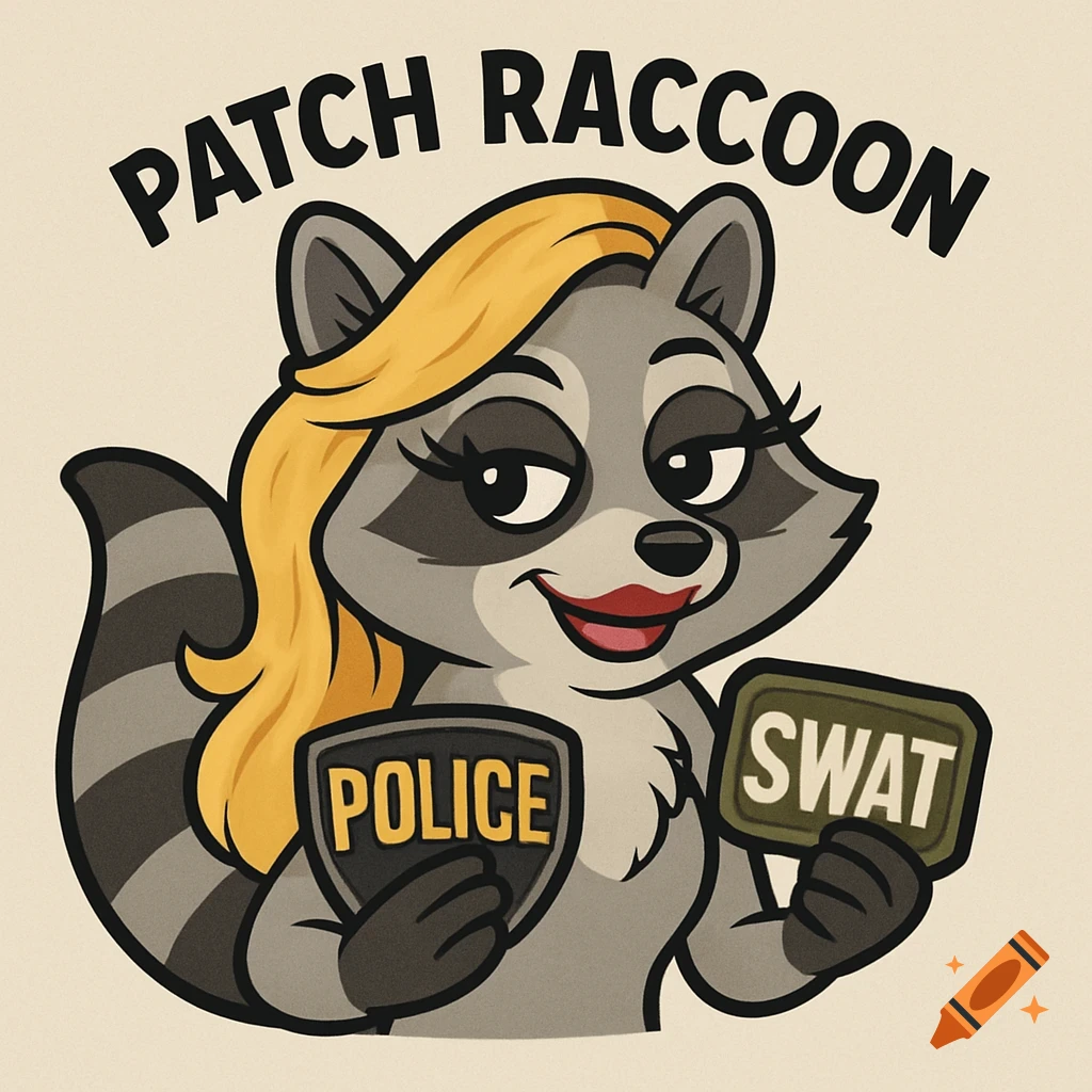 Cartoon female raccoon with blonde hair, red lipstick, holding POLICE and SWAT patches, text ...