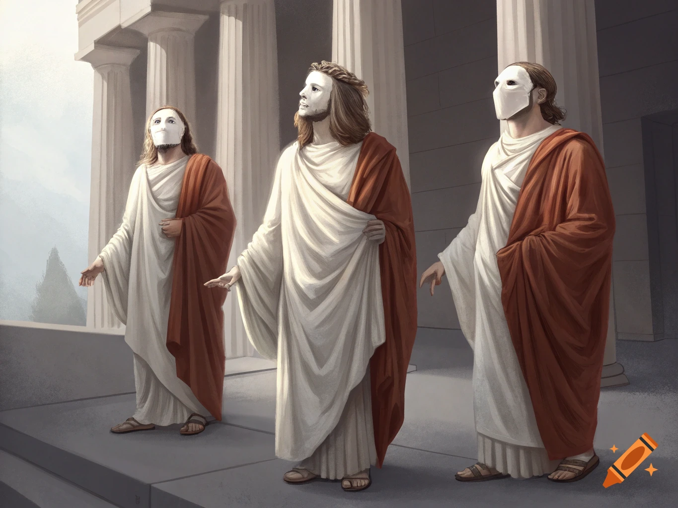 Three robed figures in white masks stand before classical columns. on ...