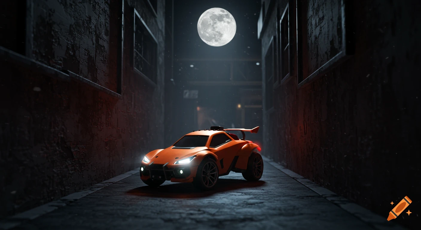 Orange Octane car from Rocket League in a dark alley under a full moon ...