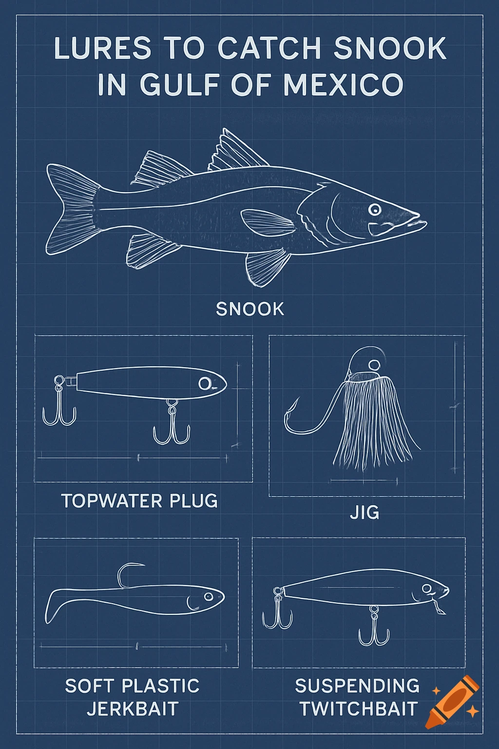 Blueprint technical drawing of snook and fishing lures for Gulf of ...