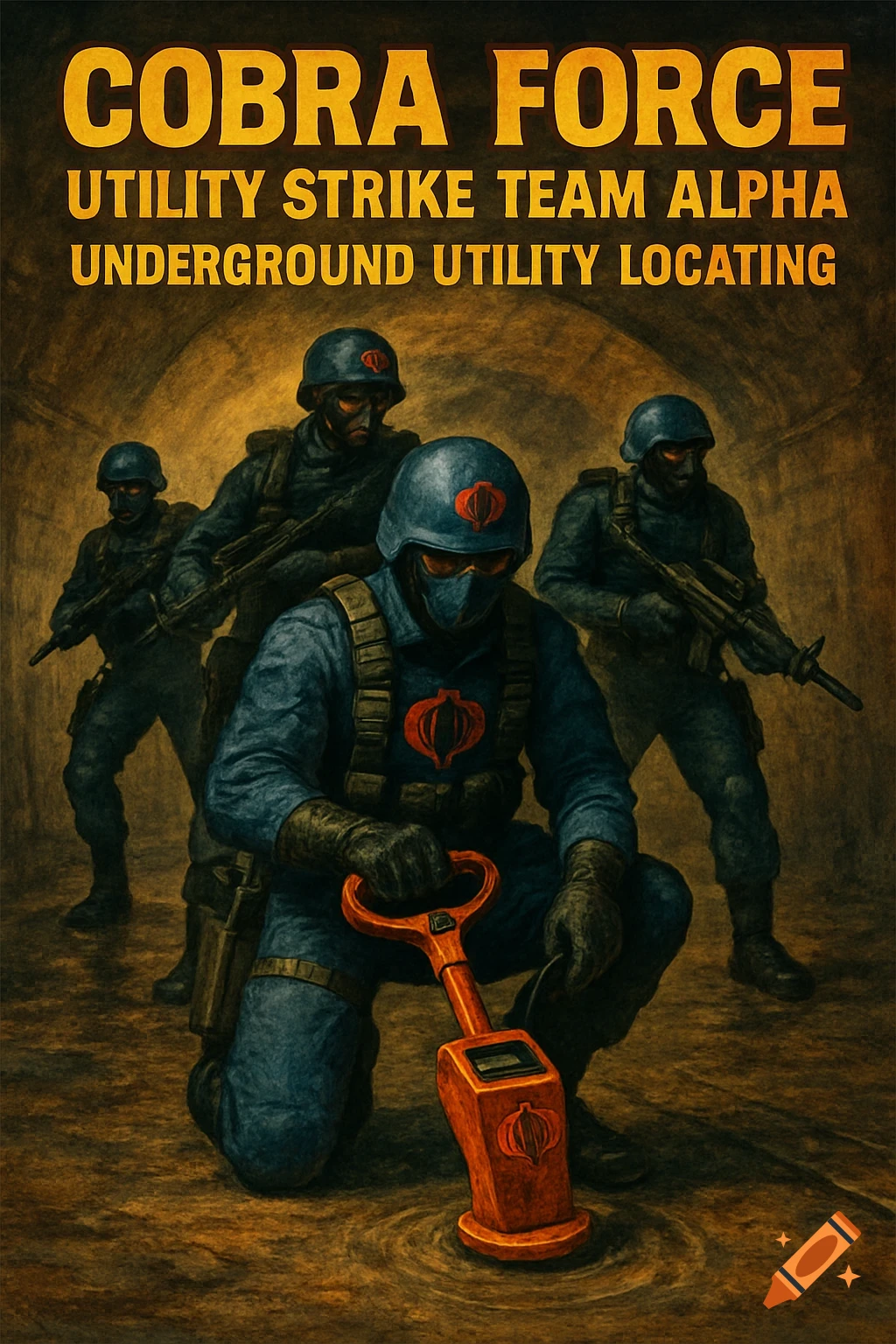 Illustration of Cobra Force soldiers in an underground tunnel, one ...