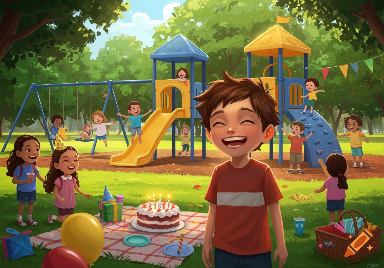 Illustration of a children's birthday party in a park with a playground ...