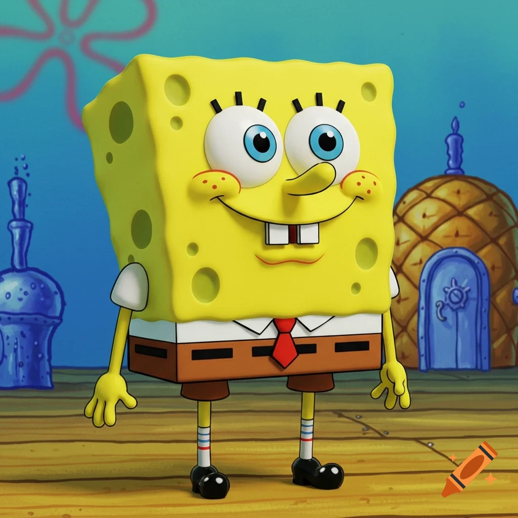 SpongeBob Squarepants stands in Bikini Bottom in a 3D style. on Craiyon