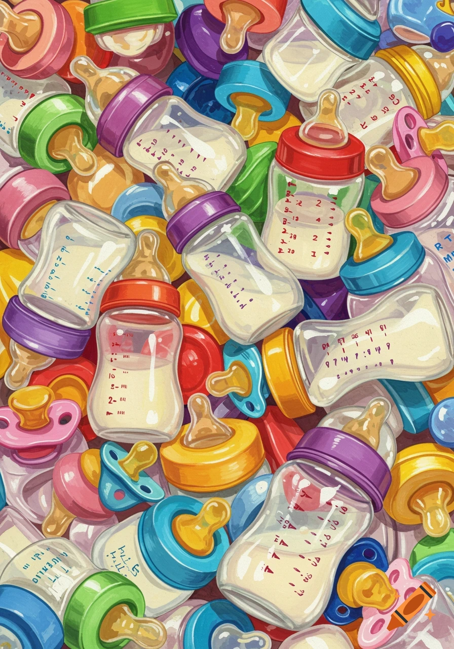 A colorful pile of baby bottles and pacifiers. on Craiyon