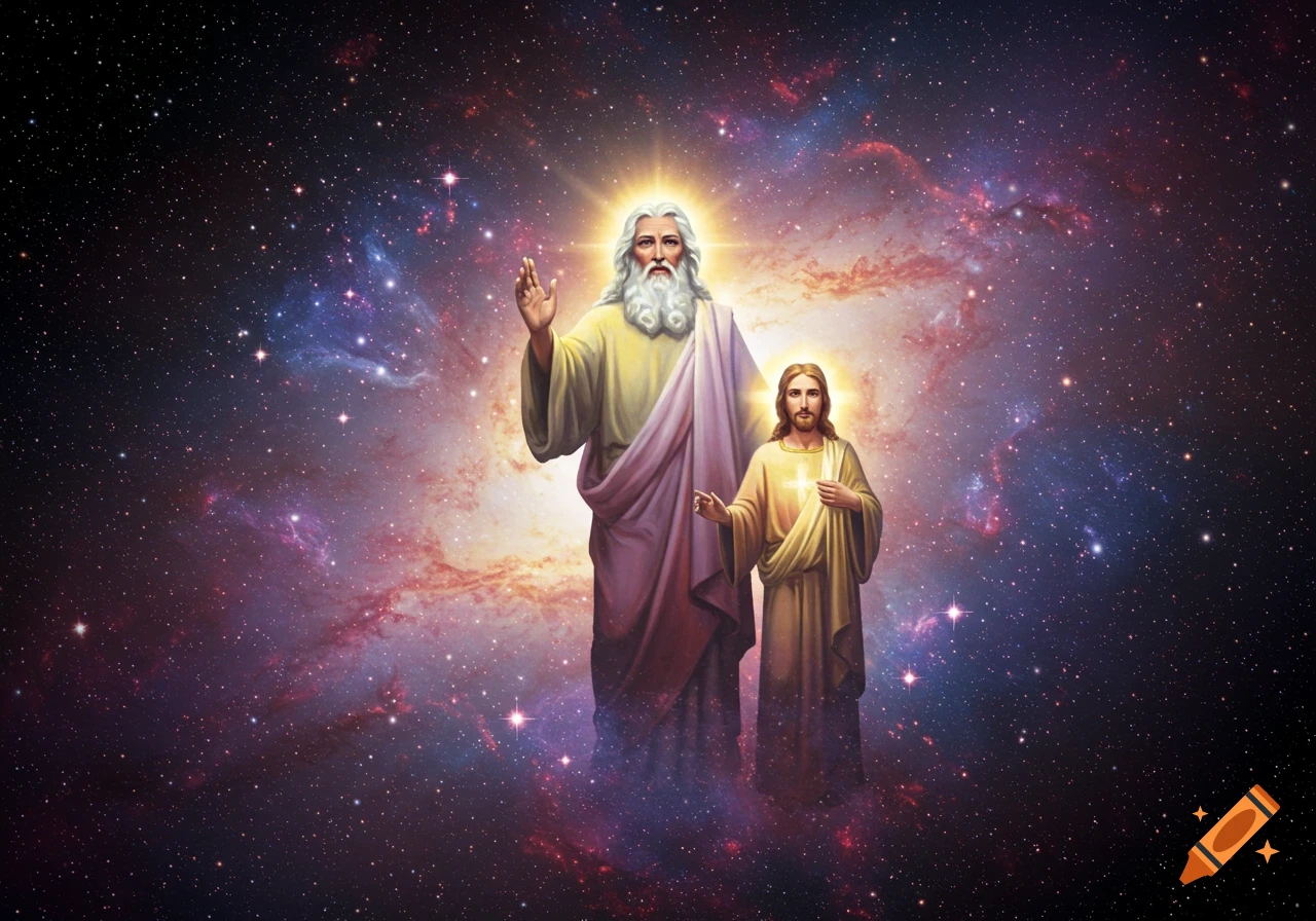 God the Father and Jesus Christ stand among stars and a nebula in space ...