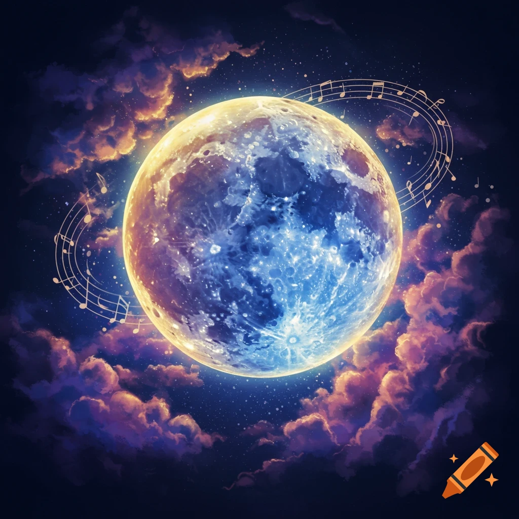 A glowing blue and gold moon surrounded by musical notes and clouds in ...