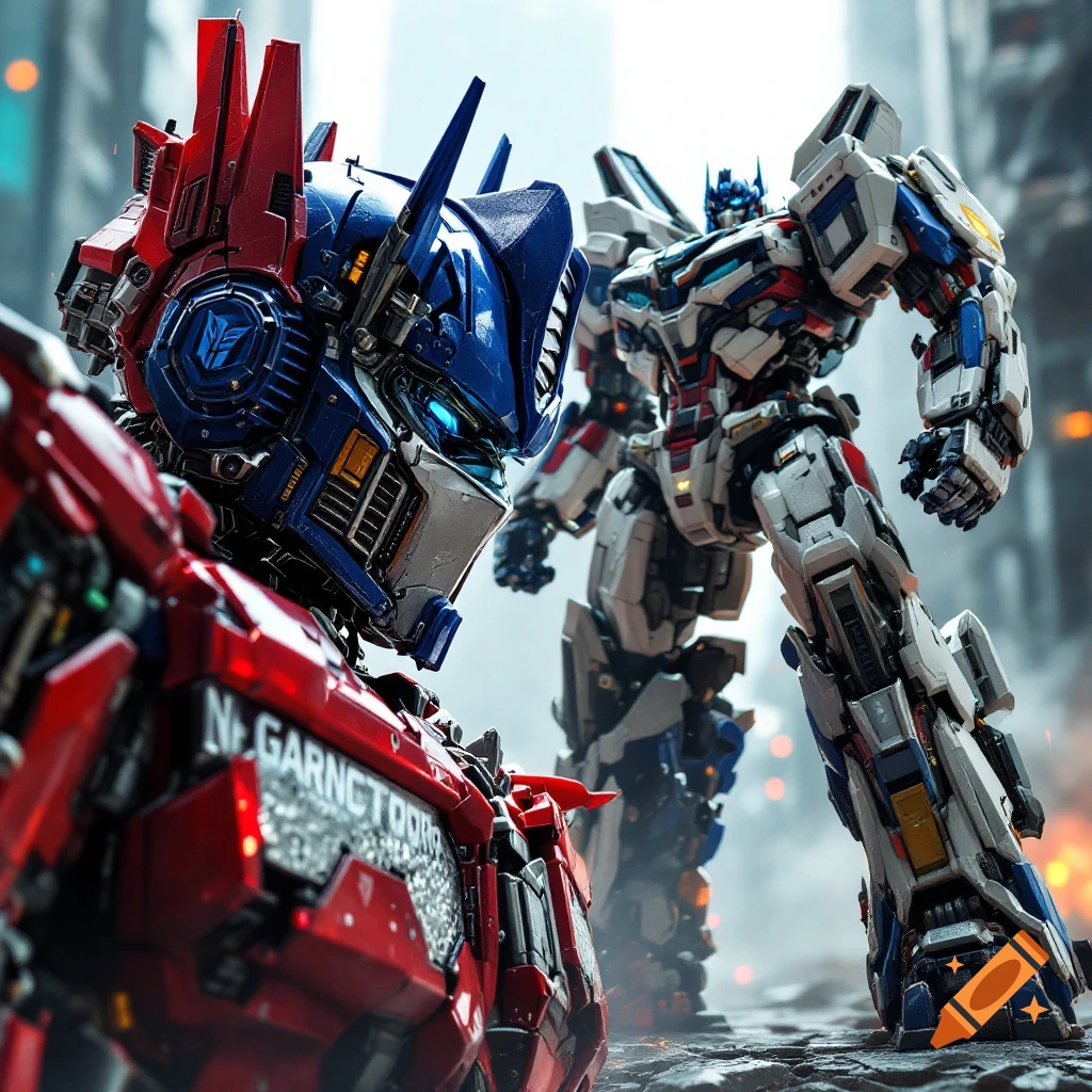 Two large, detailed robots resembling Transformers stand in a city ...