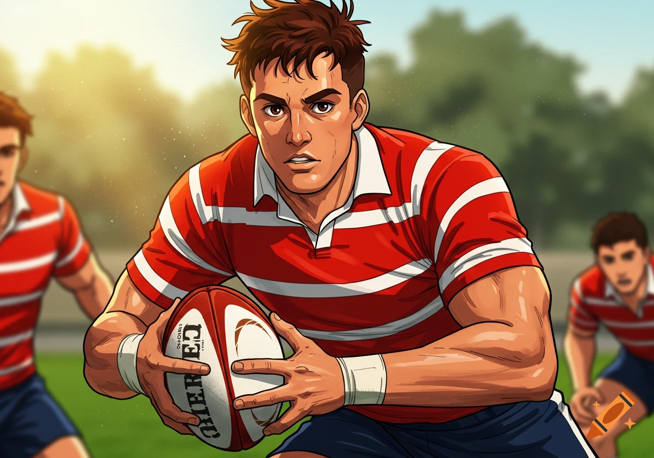 Anime style illustration of a rugby player holding a ball on a field ...