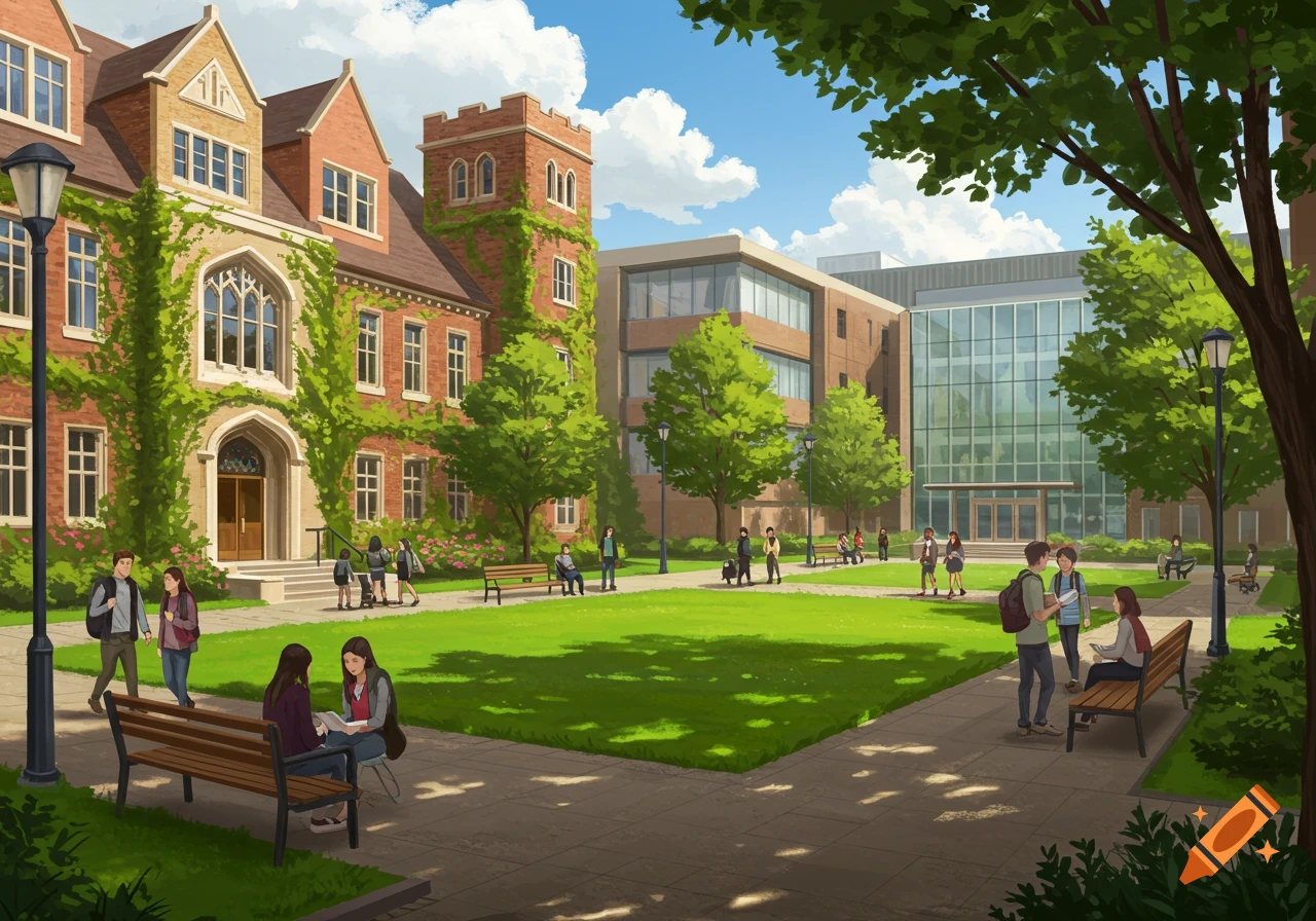Illustrated scene of a sunny university campus quad with students ...